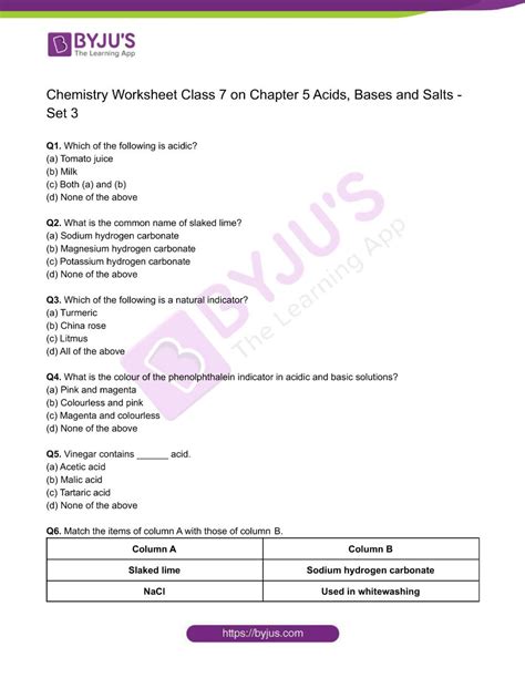Class 7 Chemistry Worksheet On Chapter 5 Acids Bases And Salts Set 3