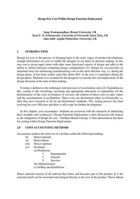 Pdf Design Function Deployment Achieving The Right Cost