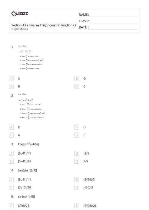 50 inverse trigonometric functions worksheets for 11th grade on