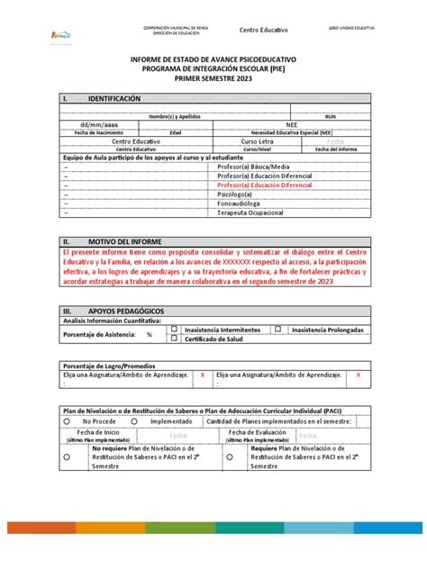 Informe Psicoeducativo Estado De Avance Primer Semestre Pie 2023 Pdf