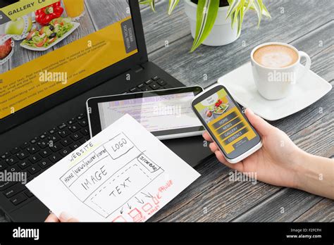 Designer S Desk With Responsive Web Design Concept Stock Photo Alamy
