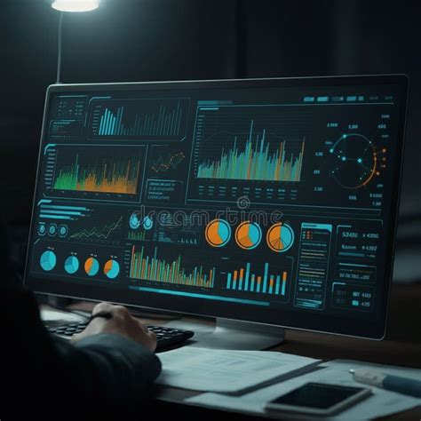 a computer monitor displays complex data visualizations in a dark