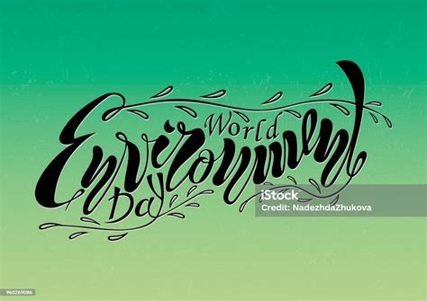 아름 다운 손으로 쓴된 텍스트 6 월 5 일 세계 환경의 날 이다 질감된 효과 개체 나뭇가지와 나뭇잎 포스터 엽서 배너 벡터 일러스트 레이 션 World