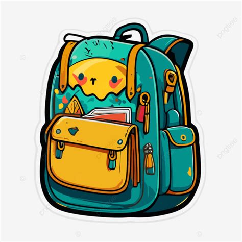 클립 아트에 귀여운 캐릭터가 있는 배낭을 묘사한 스티커 일러스트 벡터 고립 된 만화 오픈 배낭 스티커 디자인 상표 스티커