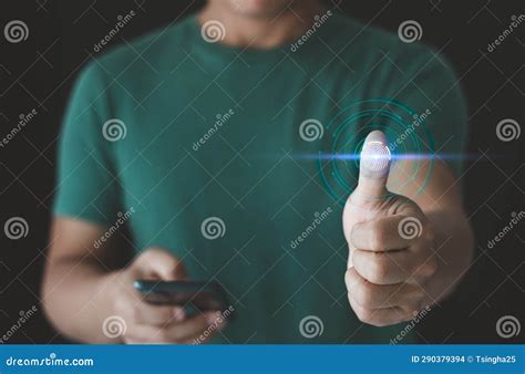 Cyber Security Concept Man Thumbs Up With Virtual Fingerprint To Scan Biometric Identity And