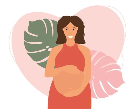 임신한 여자는 그녀의 아기와 함께 그녀의 큰 벌거벗은 배를 안아줍니다 분홍색 배경에 귀여운 미래의 어머니입니다 프리미엄 벡터
