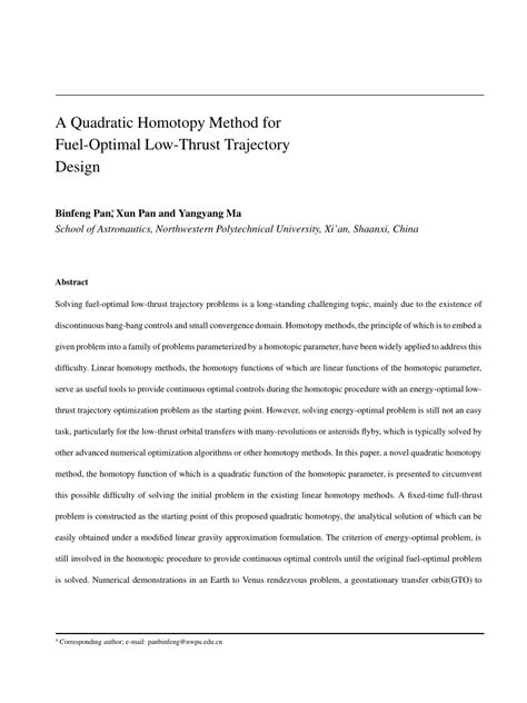 Pdf A Quadratic Homotopy Method For Fuel Optimal Low Thrust