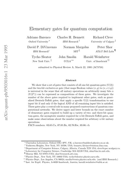 Pdf Elementary Gates For Quantum Computation