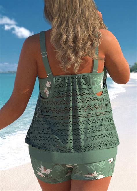 Hollow Out Plus Size Sage Green Tankini Set Usd 4798