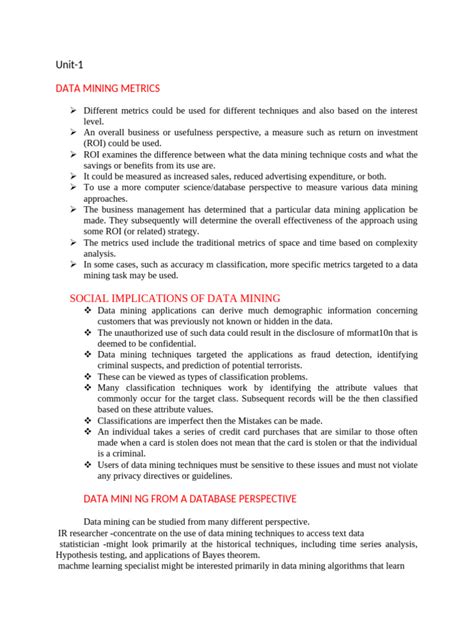 Unit 1 Data Mining Metrics Pdf Databases Data Mining