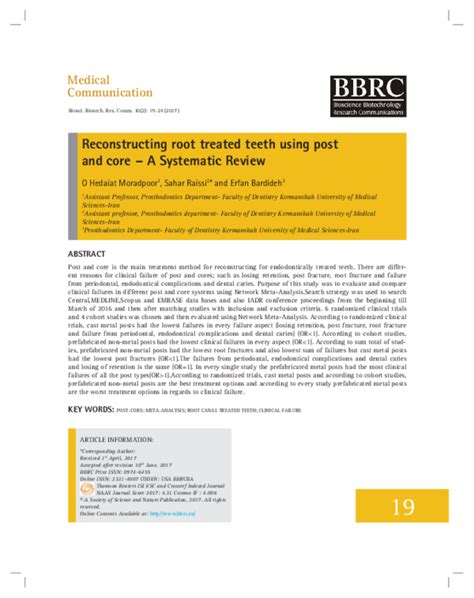 Pdf Reconstructing Root Treated Teeth Using Post And Core A