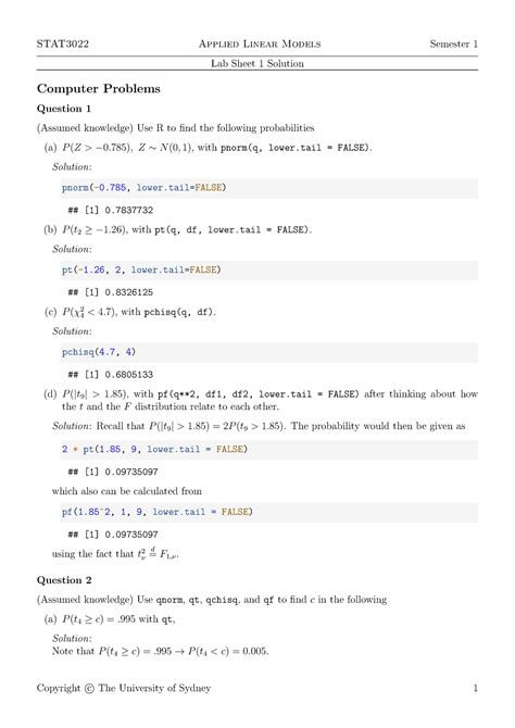 W01sl Stat3022 Applied Linear Models Semester 1 Lab Sheet 1 Solution