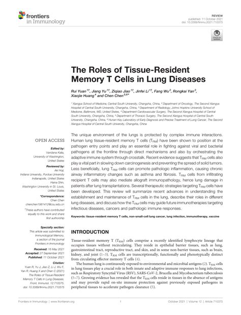 Pdf The Roles Of Tissue Resident Memory T Cells In Lung Diseases
