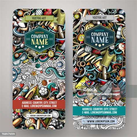 스포츠 손으로 그린 낙서 배너 세트입니다 만화 상세한 전단지 개체 및 기호가 있는 활동 Id입니다 운동 배경 그림입니다 색상