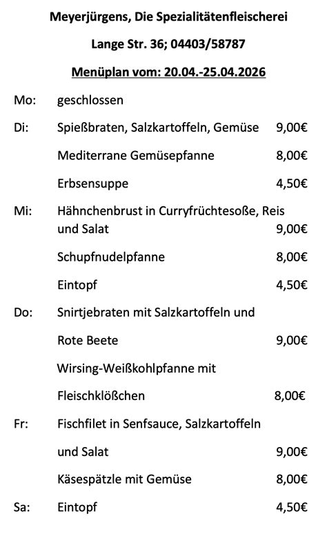 Spezialitätenfleischerei Meyerjürgens Jeden Mittag Frisch Gekocht