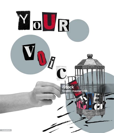 현대 미술 콜라주 검열과 압력을 상징하는 새장에 인간의 목소리를 넣는 수컷의 손 T Lounge에 대한 스톡 사진 및 기타 이미지 T Lounge 개념