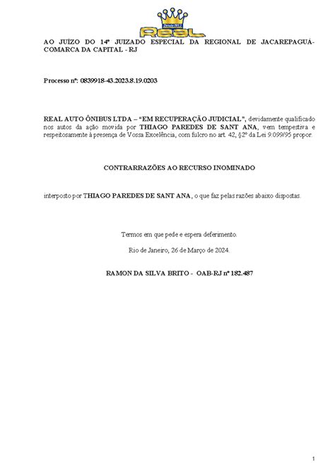 Peça Aula 7 Deded Ao JuÍzo Do 14º Juizado Especial Da Regional De JacarepaguÁ Comarca Da