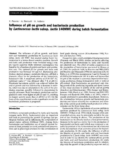 Pdf Influence Of Ph On Growth And Bacteriocin Production