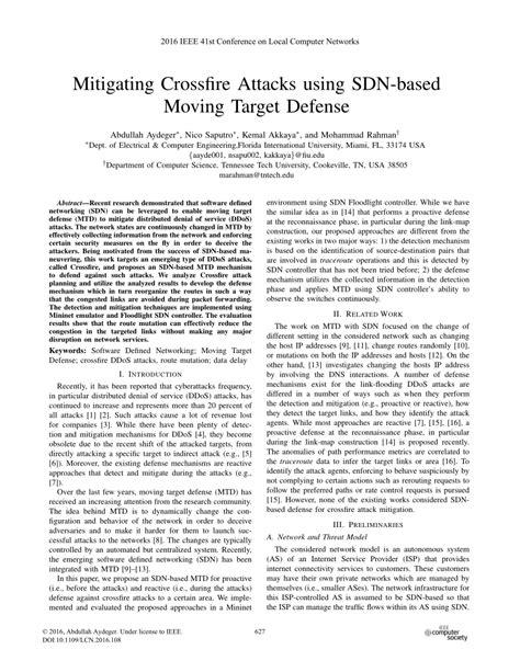pdf mitigating crossfire attacks using sdn based moving target defense