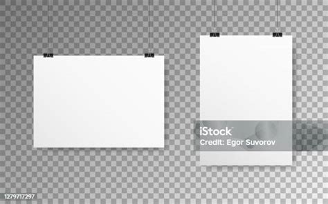투명한 배경에 포스터 모형 부드러운 그림자가 있는 백서 벽에 매달려 빈 A4 로프의 현실적인 템플릿입니다 수평 및 수직 배너 벡터 일러스트레이션 0명에 대한 스톡 벡터 아트