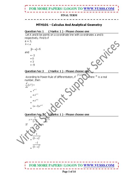 Mth101 Calculus And Analytical Geometry Unsolved Final Term Paper 04 Pdf Series