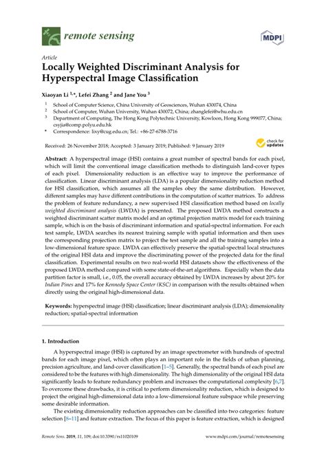 Pdf Locally Weighted Discriminant Analysis For Hyperspectral Image Classification