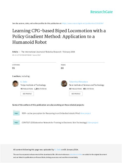 Pdf Learning Cpg Based Biped Locomotion With A Policy Gradient Method Application To A