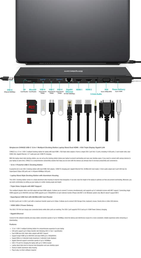 Simplecom CHN In USB C Docking Station W PD Laptops Notebooks Scorptec Computers