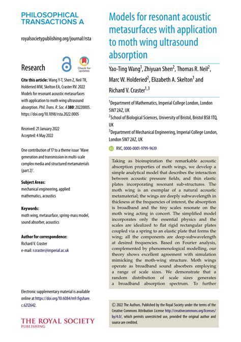Pdf Models For Resonant Acoustic Metasurfaces With Application To Moth Wing Ultrasound Absorption