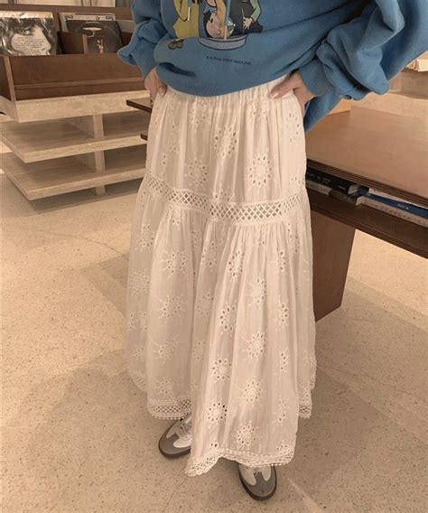 당일🚚레이어드 센치 에스닉 펀칭 레이스 플레어 프릴 롱 스커트 에이블리