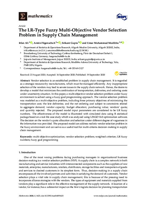 Pdf The Lr Type Fuzzy Multi Objective Vendor Selection Problem In Supply Chain Management