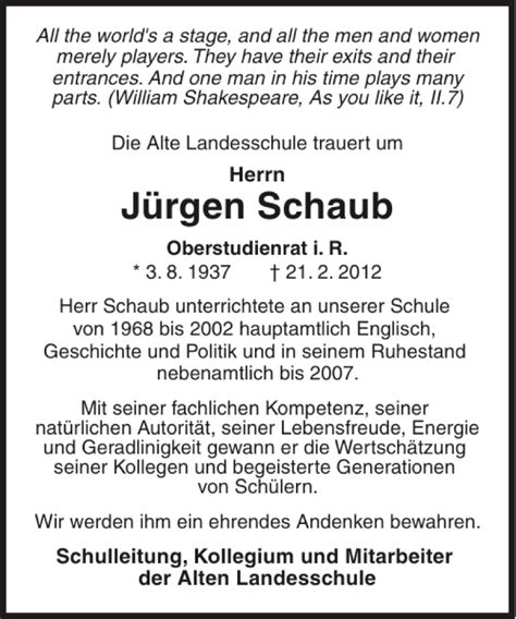 traueranzeigen von jürgen schaub trauer anzeigen de