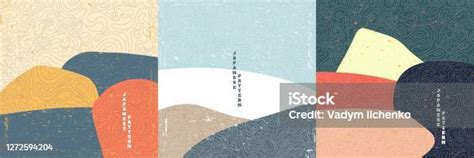 벡터 일러스트 레이션 풍경입니다 나무 표면 질감 언덕 산 초원 일본의 웨이브 패턴 산 배경 아시아 스타일 포스터 책 표지 웹 템플릿 브로셔디자인 패턴에 대한 스톡 벡터 아트