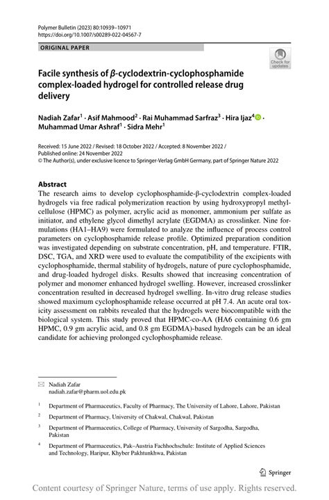 Facile Synthesis Of β Cyclodextrin Cyclophosphamide Complex Loaded Hydrogel For Controlled
