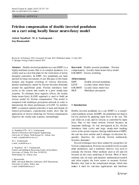 Pdf Friction Compensation Of Double Inverted Pendulum On A Cart Using Locally Linear Neuro