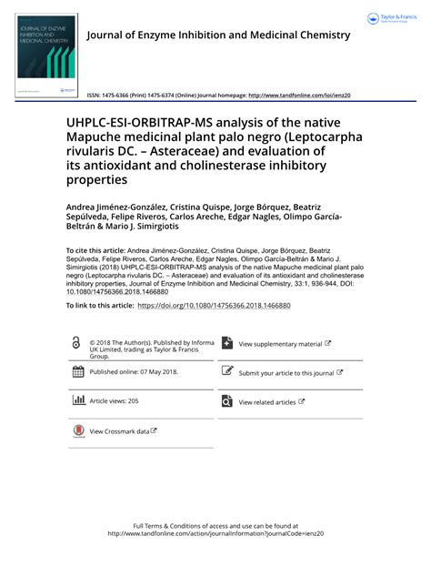 Uhplc Esi Orbitrap Ms Analysis Of The Native Mapuche Medicinal Plant