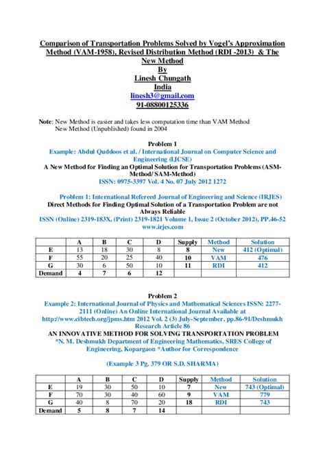 Pdf Comparsion Of Solutions By New Method In Transportation Problem
