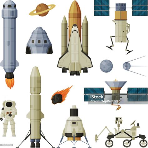 우주 물체 및 우주 탐사 장비 수집 우주 및 우주 기술 테마 플랫 벡터 일러스트레이션 로켓에 대한 스톡 벡터 아트 및 기타