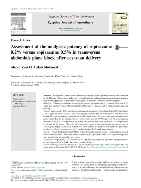 Pdf Assessment Of The Analgesic Potency Of Ropivacaine 02 Versus Ropivacaine 05 In