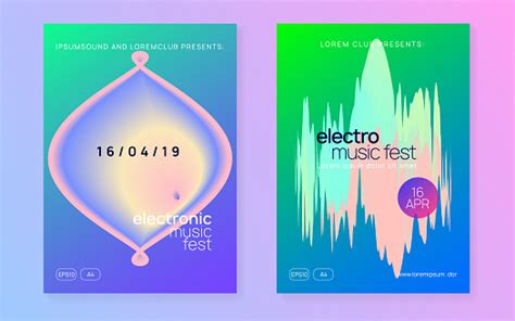 뮤직 파티 브로셔 디자인을 위한 멤피스 패턴 디스코 와 전시회 벡터 세트를 위한 밝은 결함 리니어 하우스 페스트 핑크와 블루