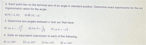 solved 2 each point lies on the terminal arm of an angle in