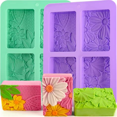 Huakener Silicone Soap Molds 2 Pack 4 Cavity Square Soap Mold Flower