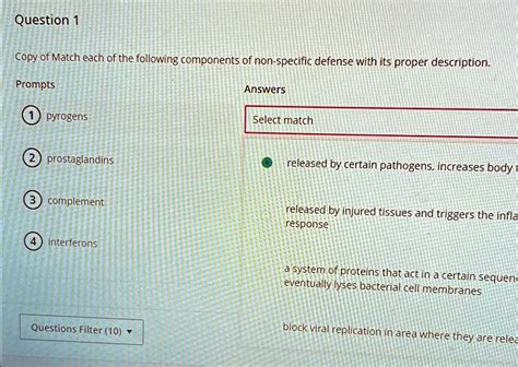 Question 1 Copy Of Match Each Of The Following Components Of Non Specific Defense With Its