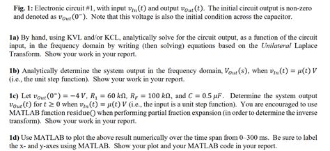 solved fig 1 electronic circuit 1 with input vin t and