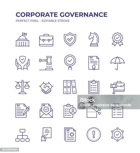 기업 지배 구조 편집 가능한 선 아이콘 세트에는 법률 시스템 투명성 규정 준수 규정 계약 정부 등과 같은 아이콘이 포함되어 있습니다 계약서에 대한 스톡 벡터 아트 및 기타