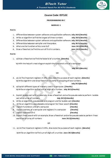 C Programme Module 1 Question Course Code Est Programming In C