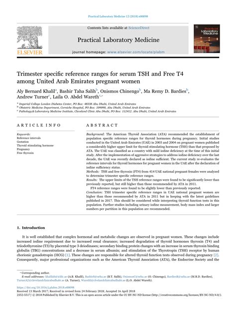 Pdf Trimester Specific Reference Ranges For Serum Tsh And Free T4 Among United Arab Emirates