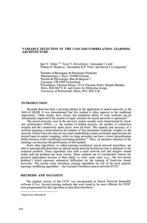 Pdf Variable Selection In The Cascade Correlation Learning Architecture