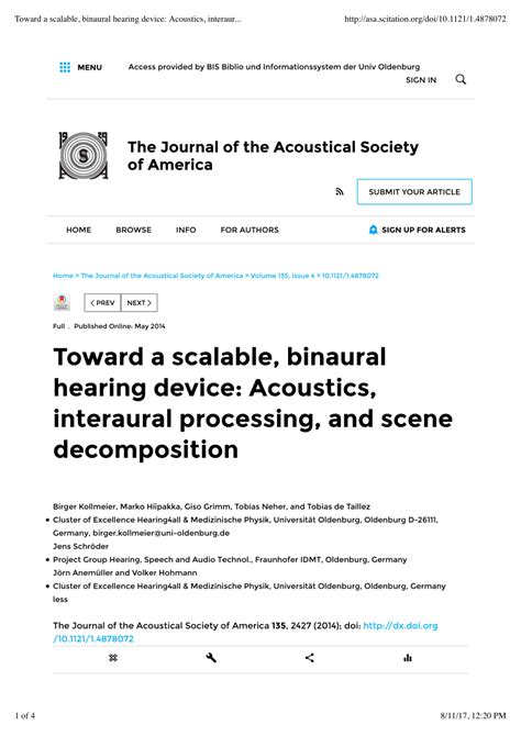 Pdf Toward A Scalable Binaural Hearing Device Acoustics Interaural Processing And Scene