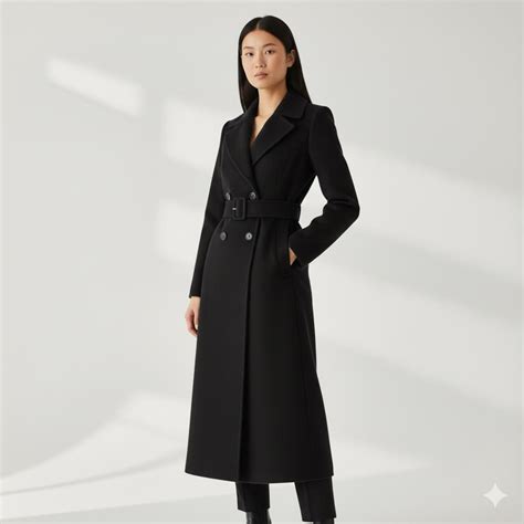 Longline Black Wool Trench Coat For Women Belted Slim Fit Winter